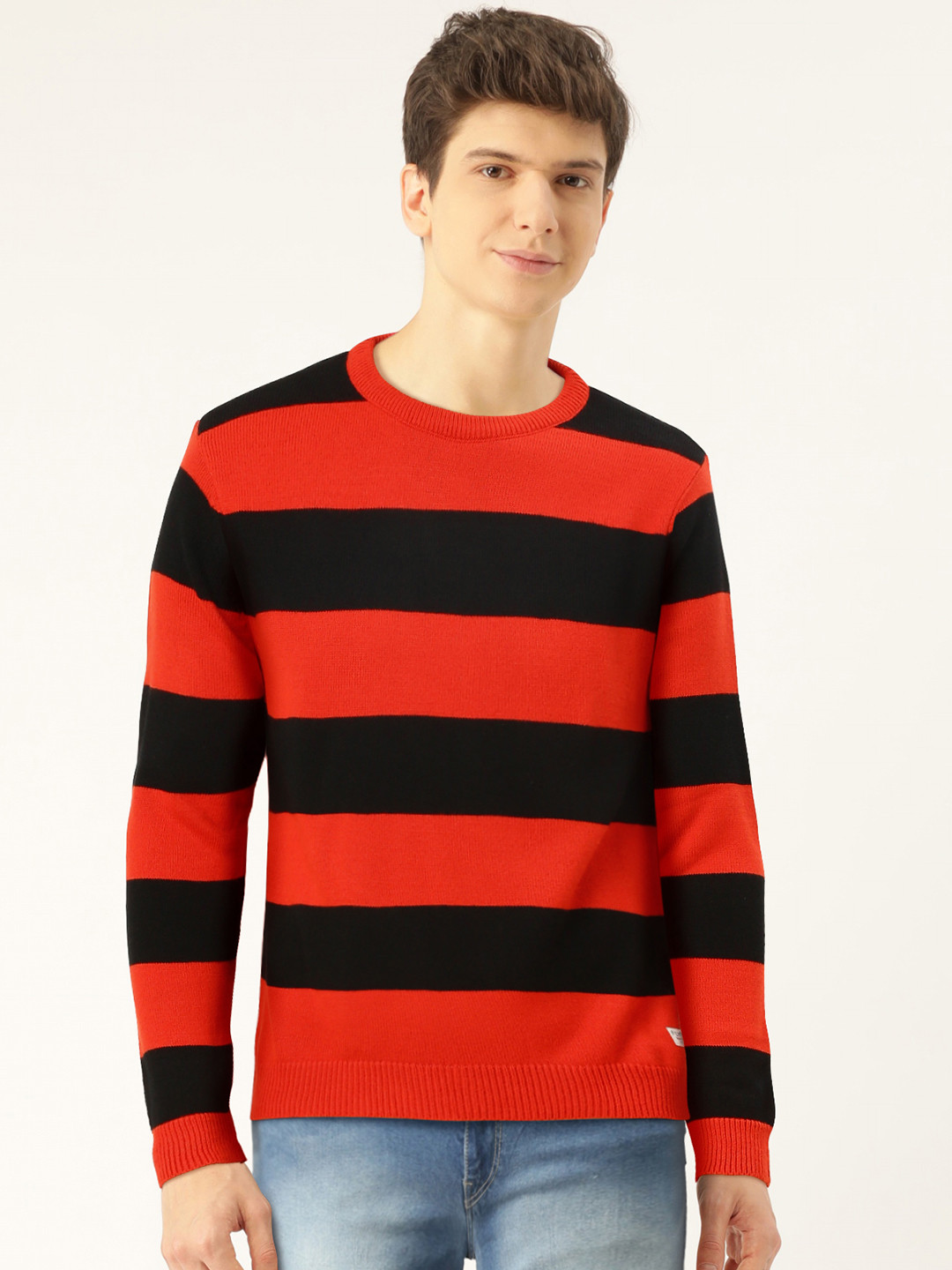 Buy Flying Machine Men Orange & Black Striped Pullover Sweater ...