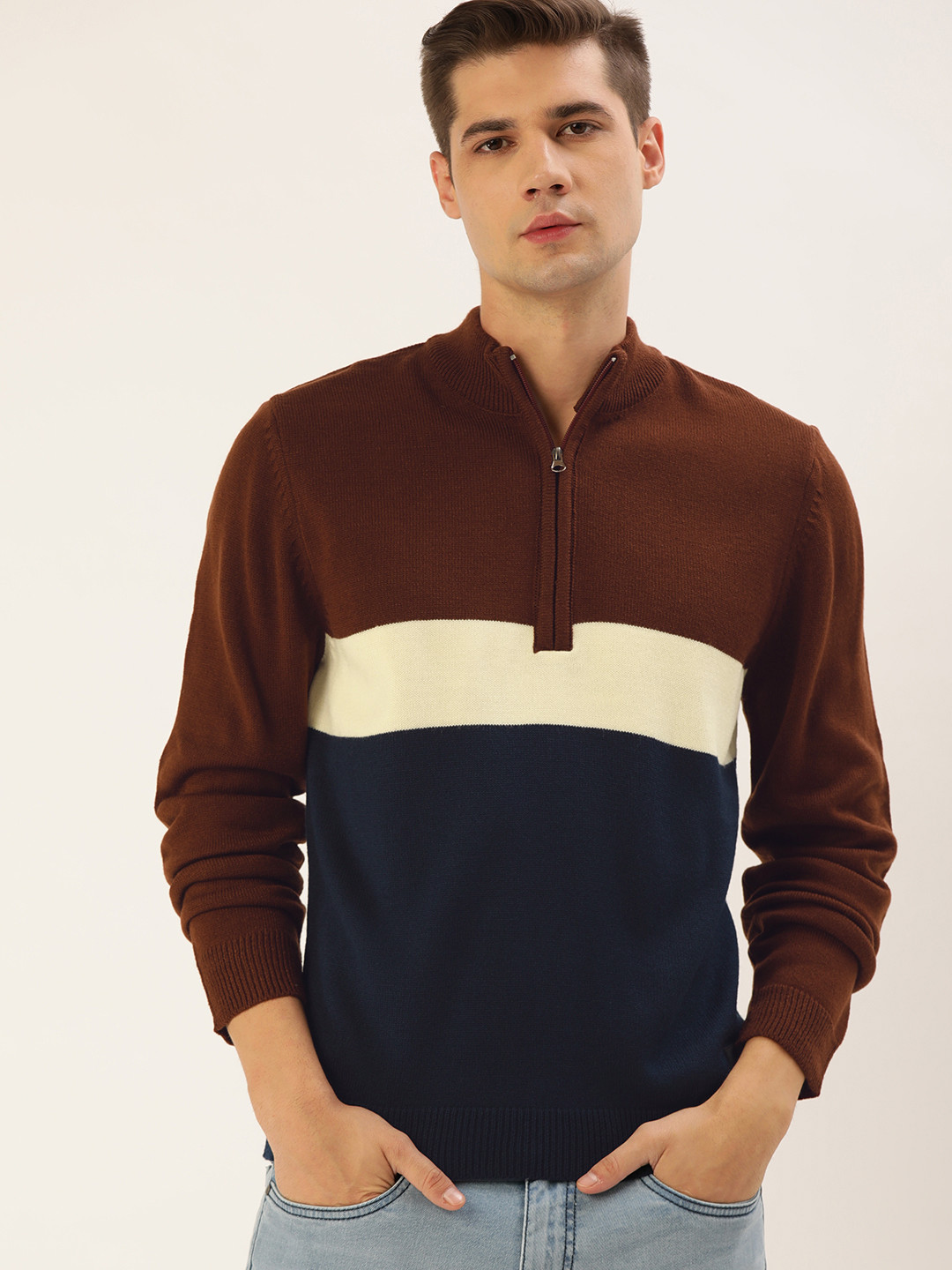 Buy Flying Machine Men Brown & Navy Blue Colourblocked Pullover Sweater ...