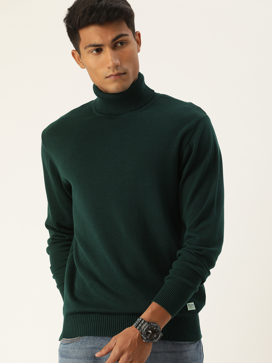 Buy Flying Machine Men Teal Green Solid Turtle Neck Pullover Sweater ...