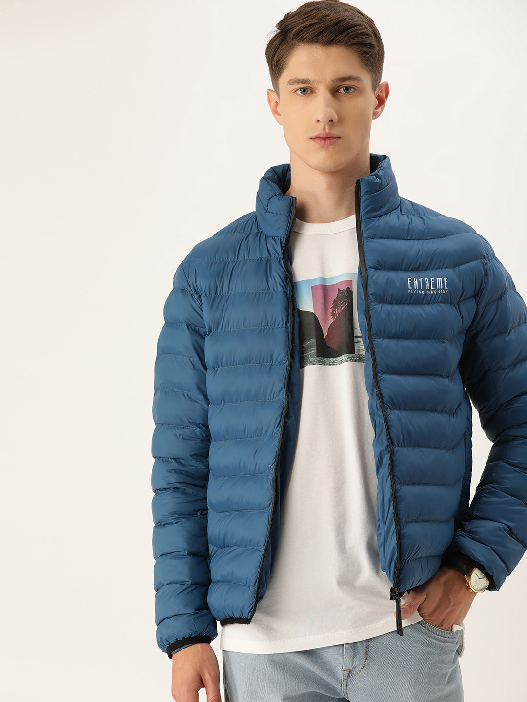 Buy Flying Machine Men Teal Blue Solid Heat Tech Puffer Jacket ...