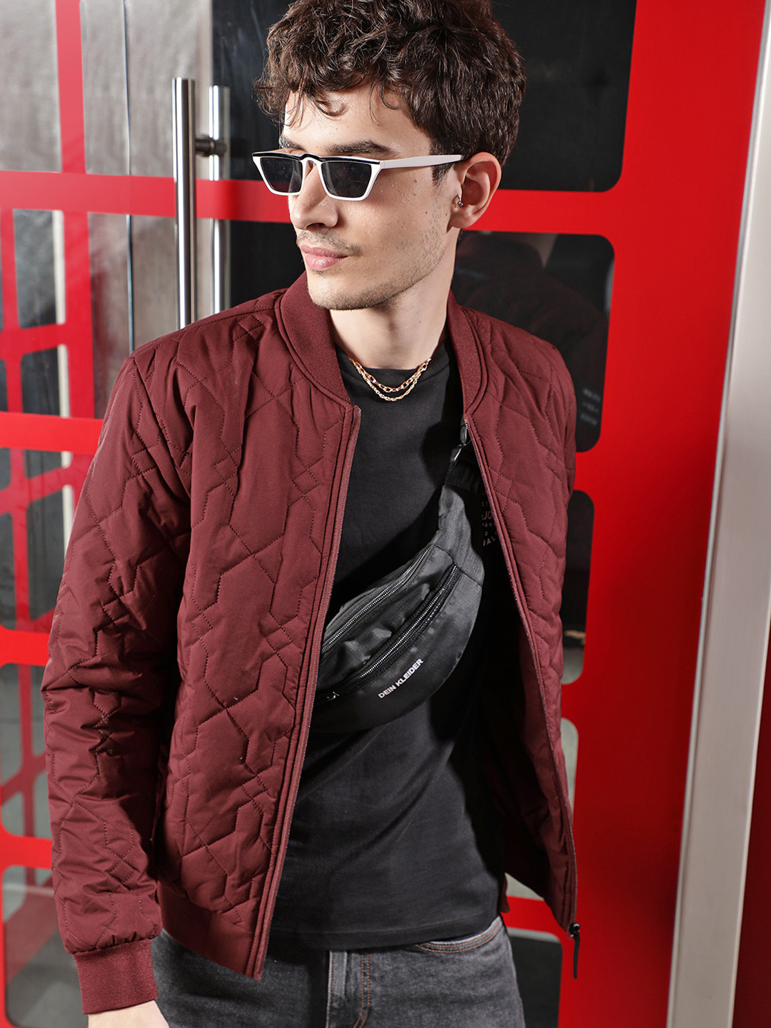 Buy Flying Machine Men Maroon Solid Lightweight Quilted Jacket With ...