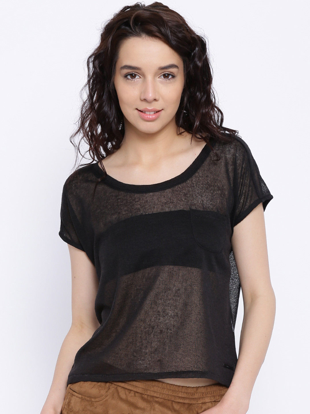 Buy ONLY Black Linen Sheer Top - Tops for Women 1282914 | Myntra
