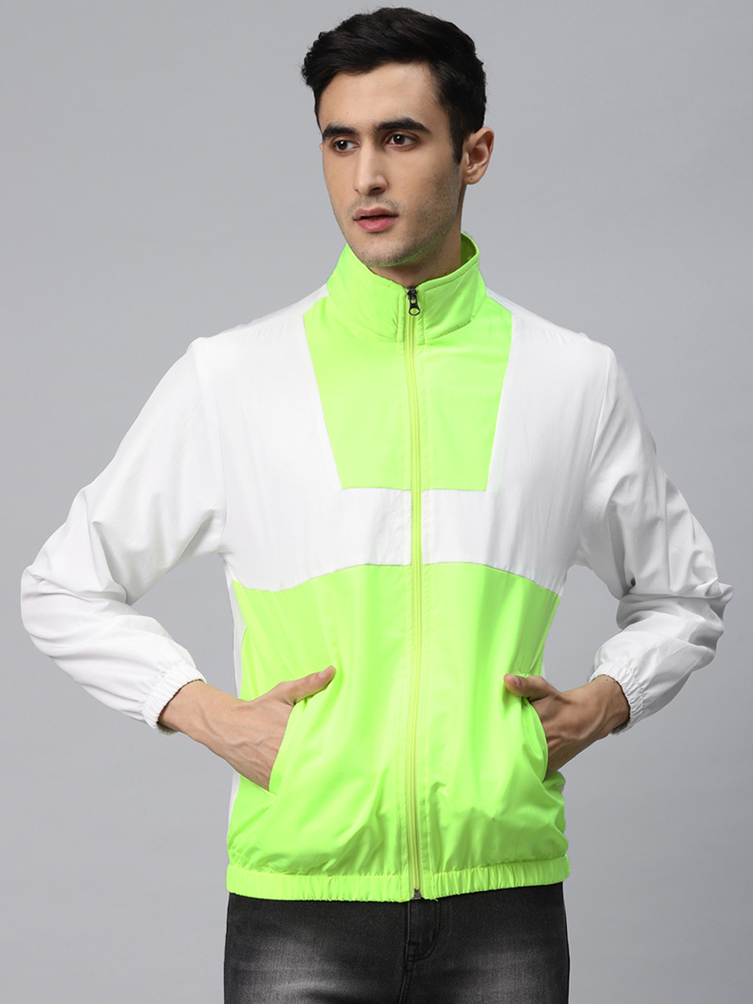 Buy Hubberholme Men Fluorescent Green Colourblocked Windcheater And ...