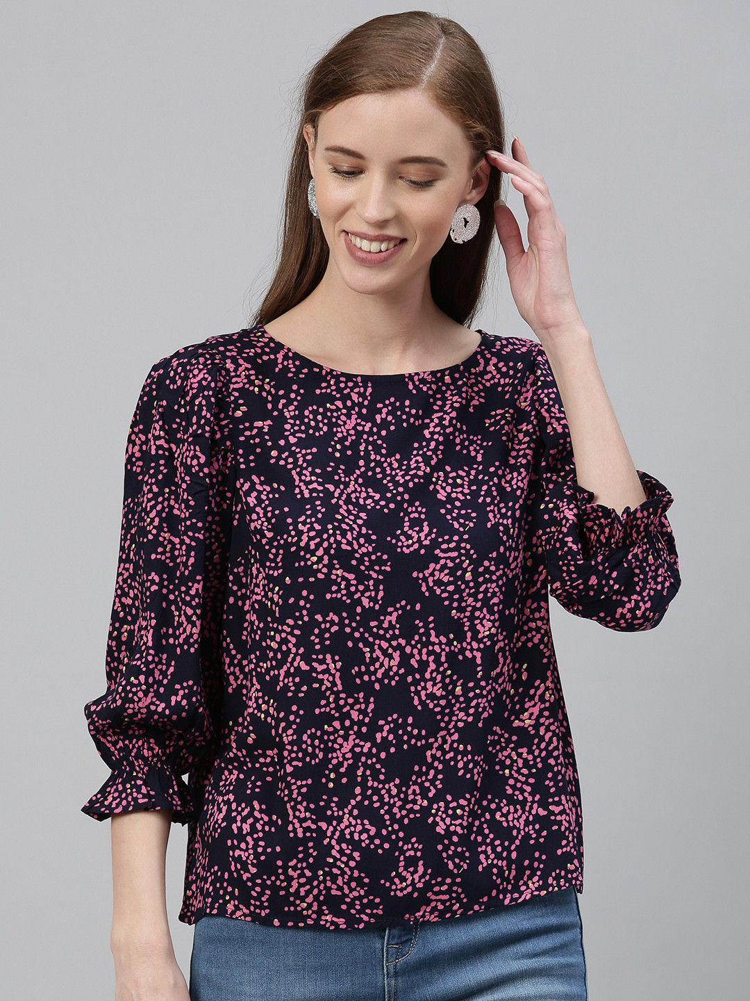 Buy Vero Moda Women Navy Blue & Pink Printed Top With Smock Puff ...