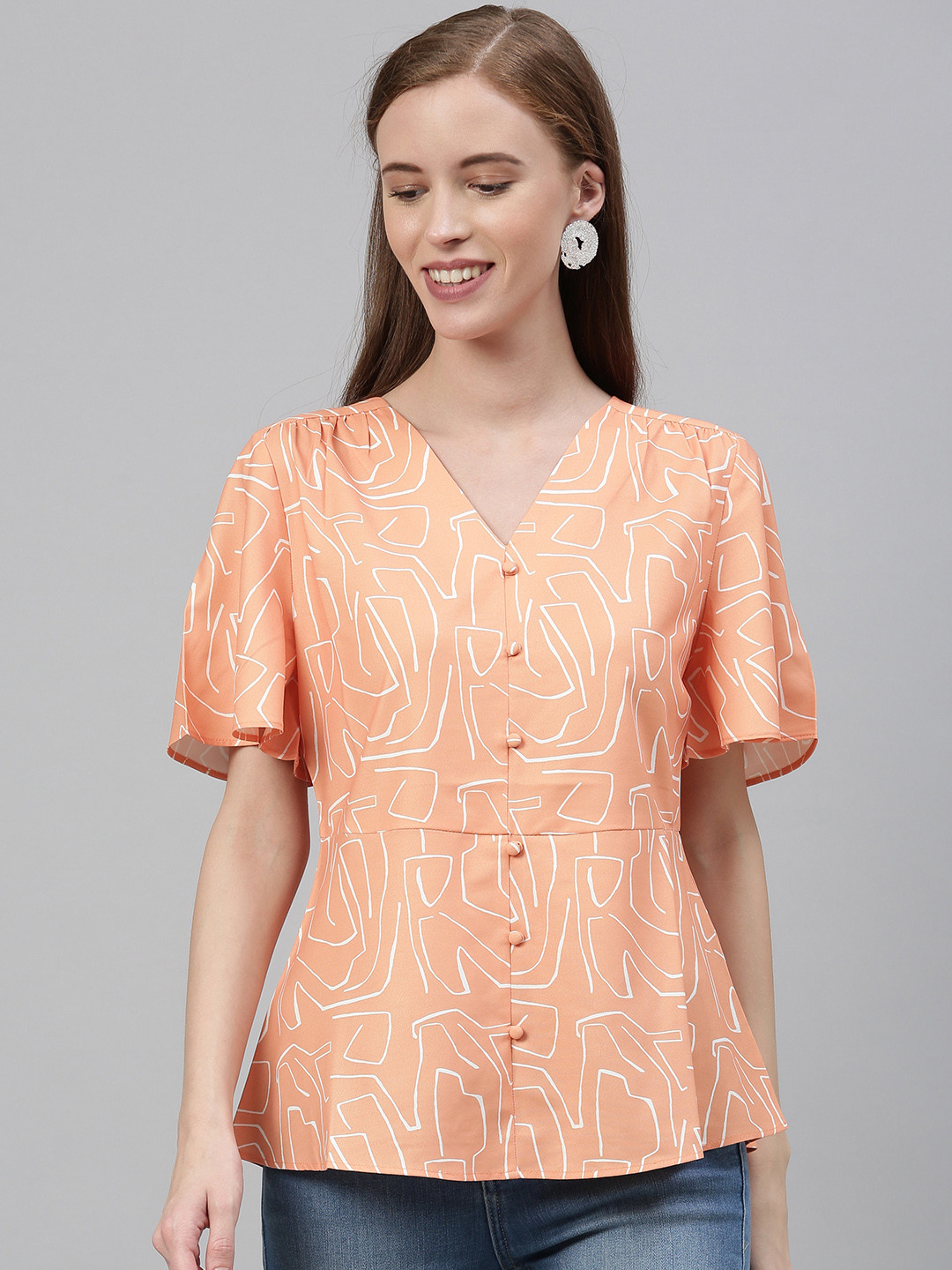 Buy Vero Moda Women Coral Orange & White Printed A Line Top With Flared ...