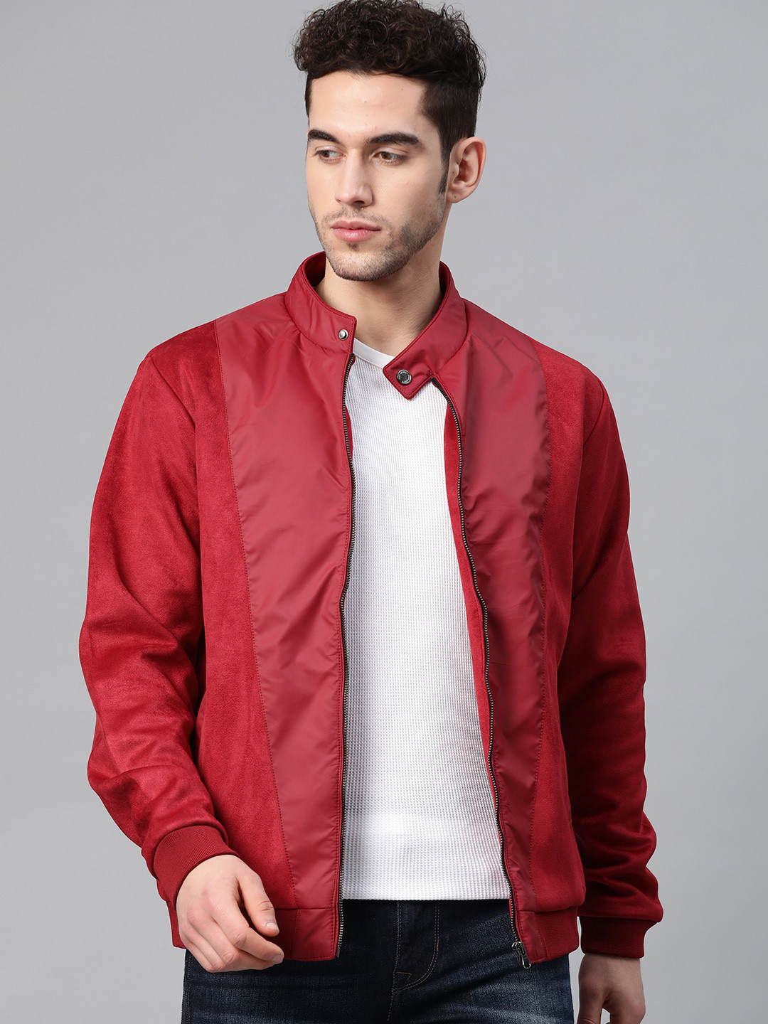 Buy Park Avenue Men Red Solid Suede Finish Bomber Jacket - Jackets for ...
