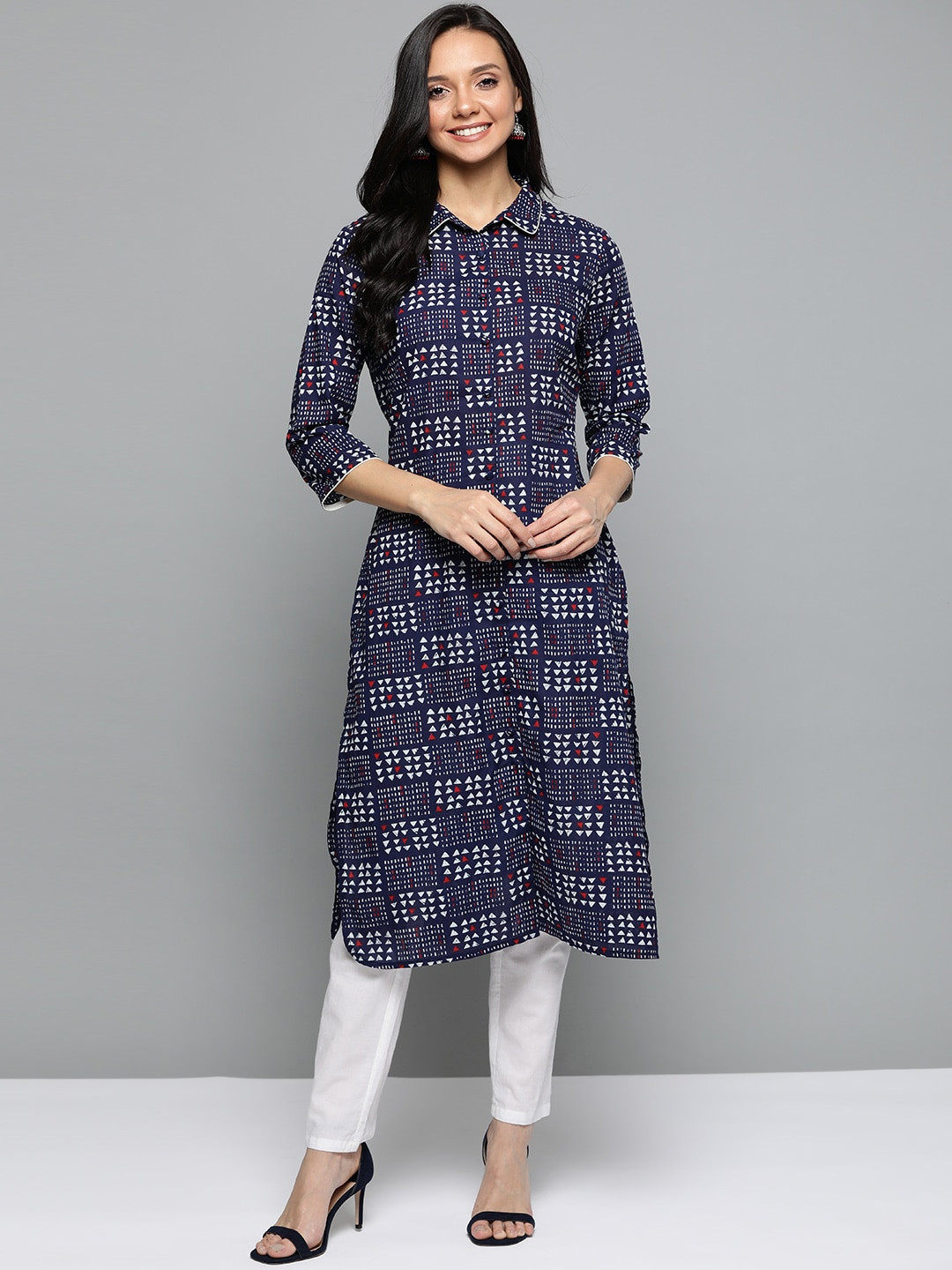 Buy HERE&NOW Women Navy Blue & White Printed Pathani Kurta - Kurtas for ...