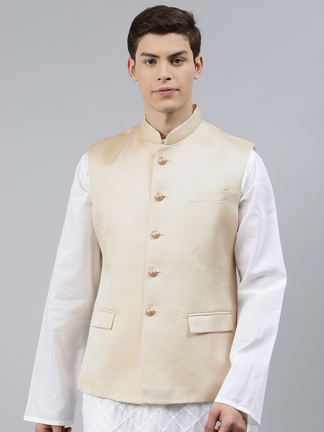 Buy Ethnix By Raymond Men Beige & Gold Toned Woven Design Nehru Jacket ...
