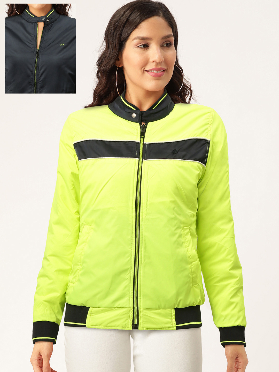Buy Okane Women Lime Green & Navy Blue Solid Reversible Bomber Jacket ...