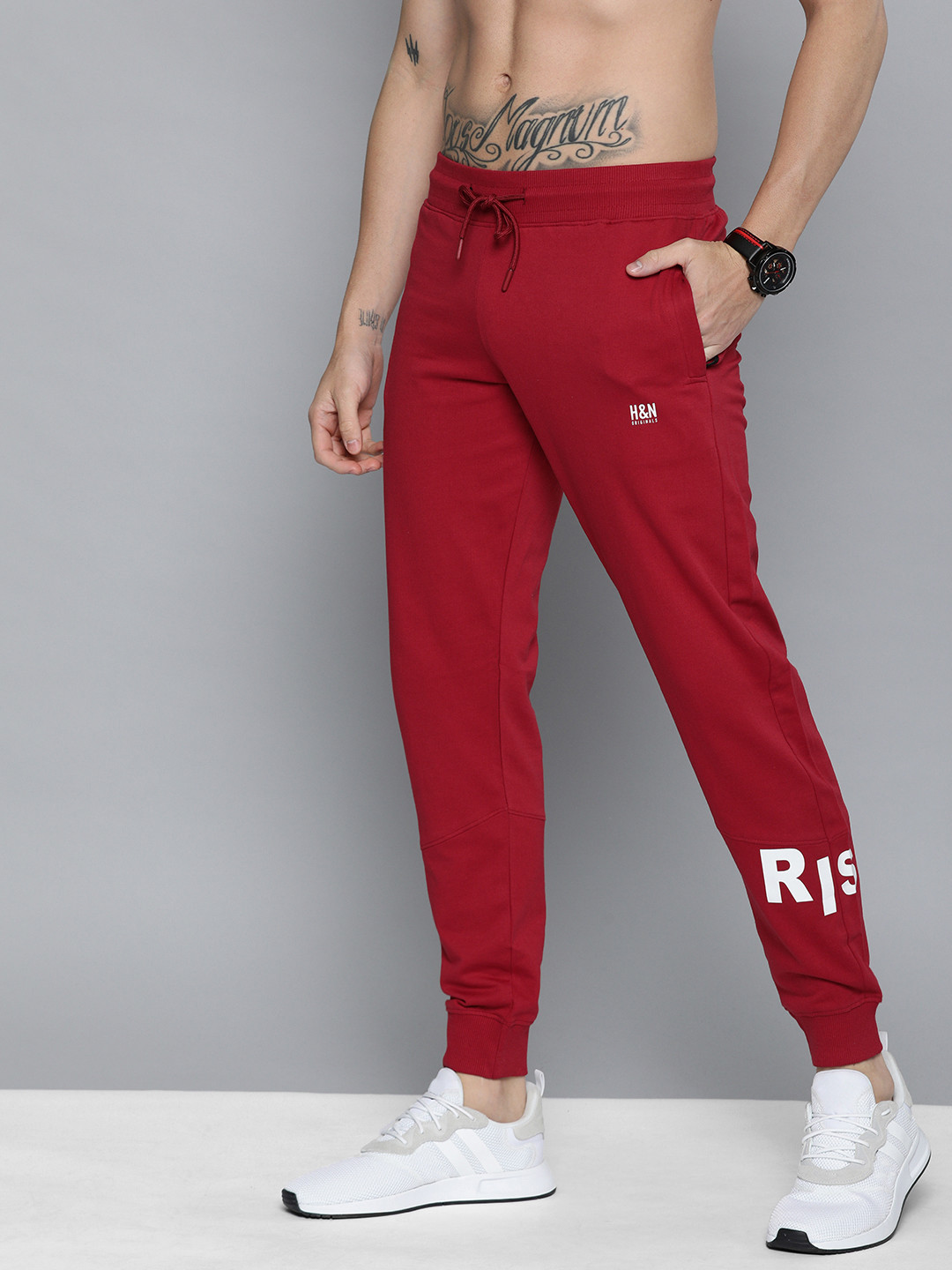 Buy HERE&NOW Men Maroon Solid Joggers With Printed Details - Track ...