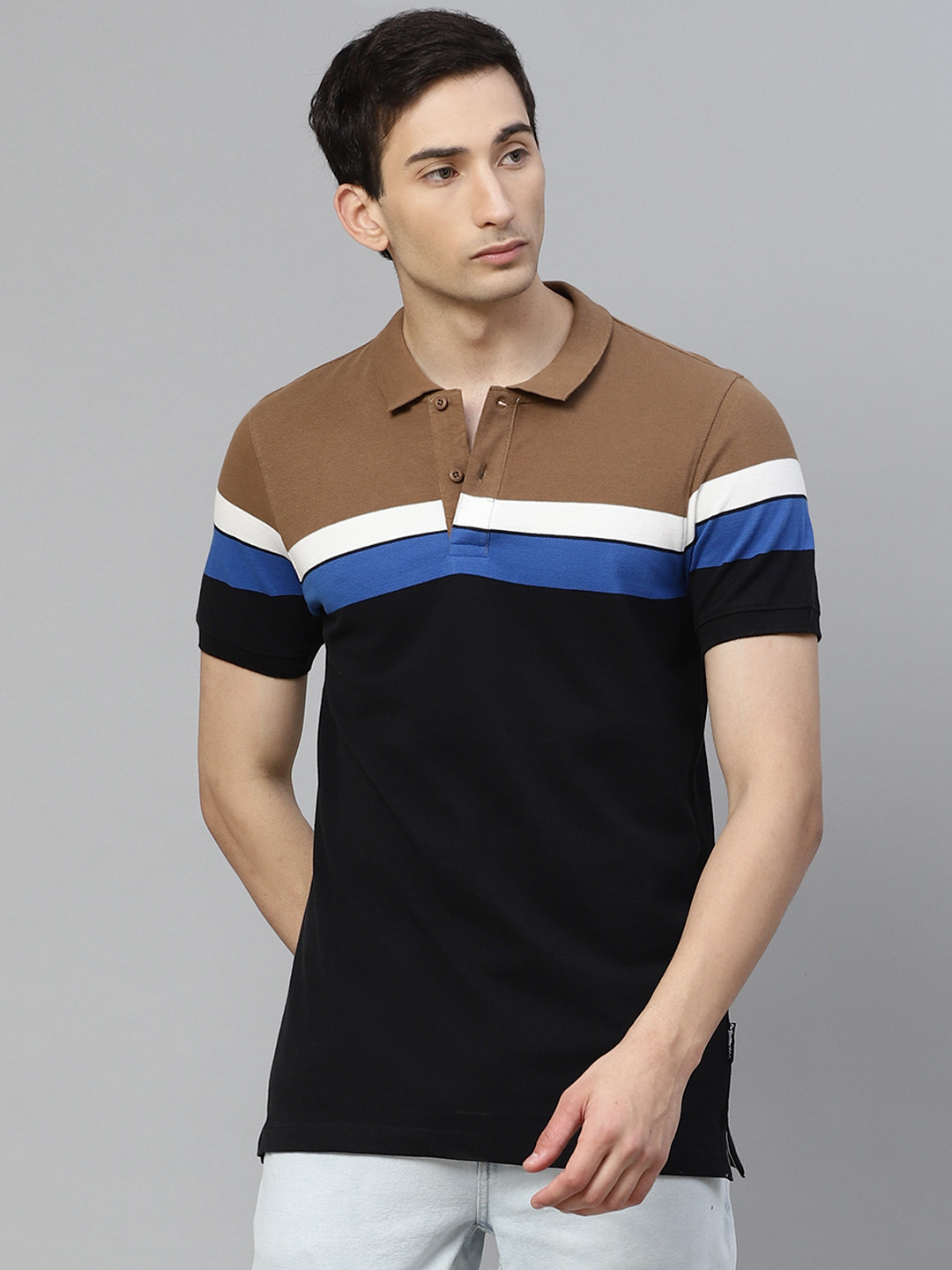 Buy Roadster Men Black Colourblocked Polo Collar T Shirt - Tshirts for ...