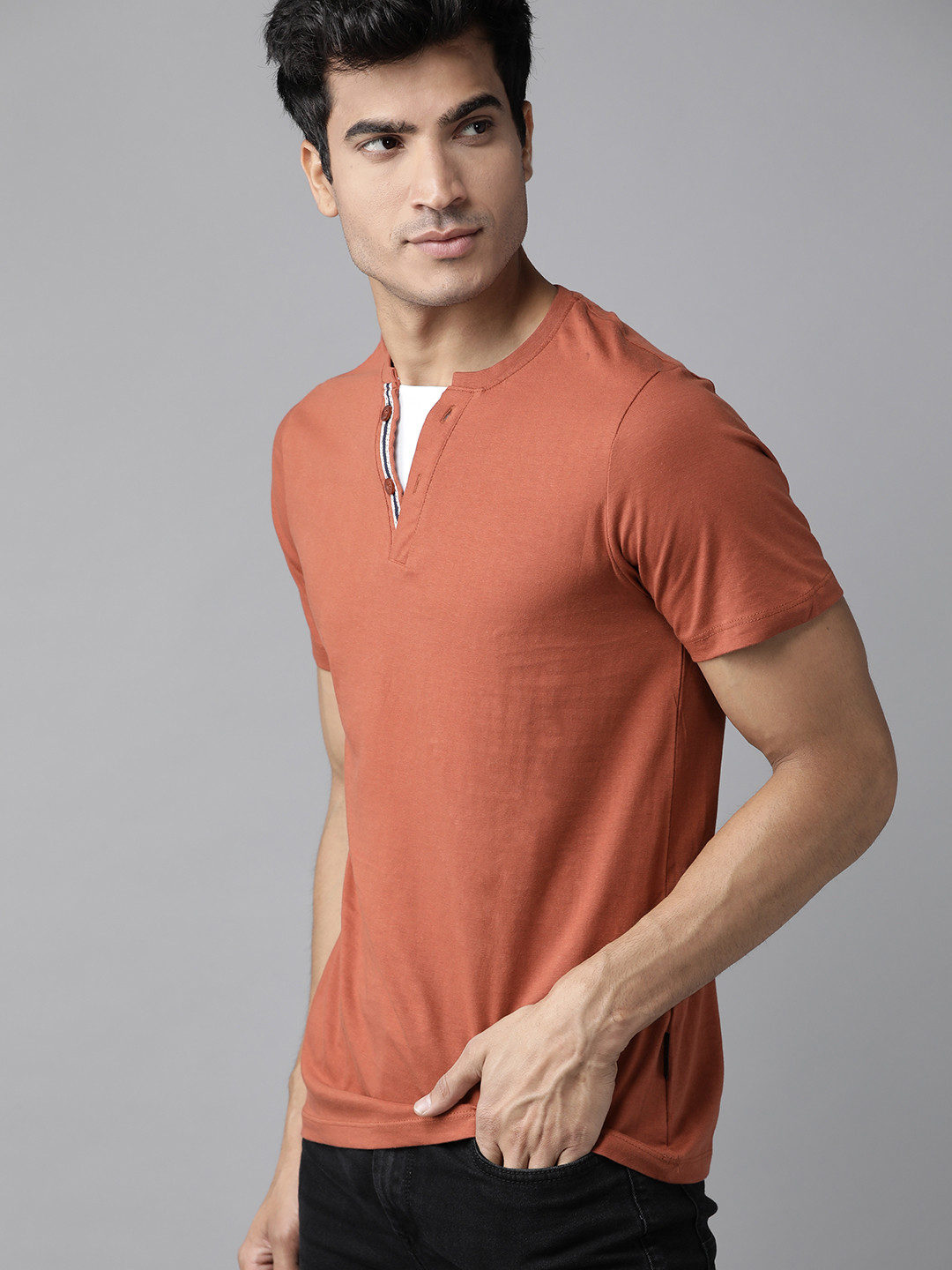 Buy Roadster Men Rust Orange Pure Cotton Solid Henley Neck T Shirt ...