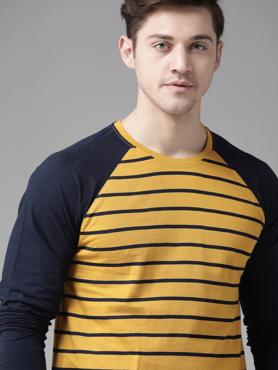 Buy Roadster Men Mustard Yellow Navy Blue Pure Cotton Striped Round