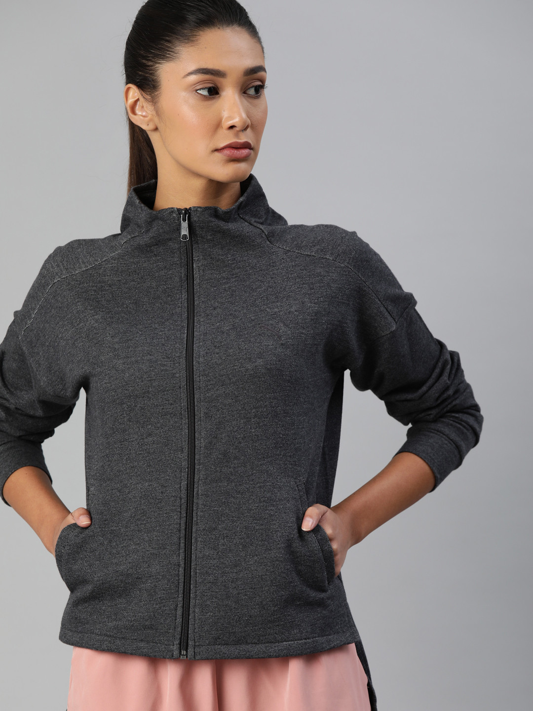 Buy Puma Women Charcoal Grey Sweat Jacket - Sweatshirts for Women ...