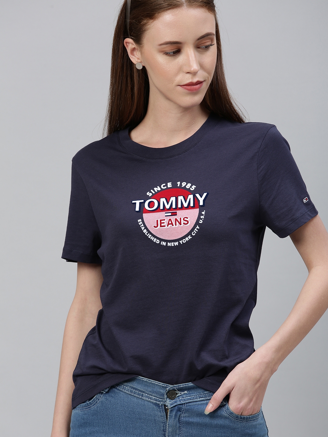Buy Tommy Hilfiger Women Navy Blue Brand Logo Printed Round Neck Pure