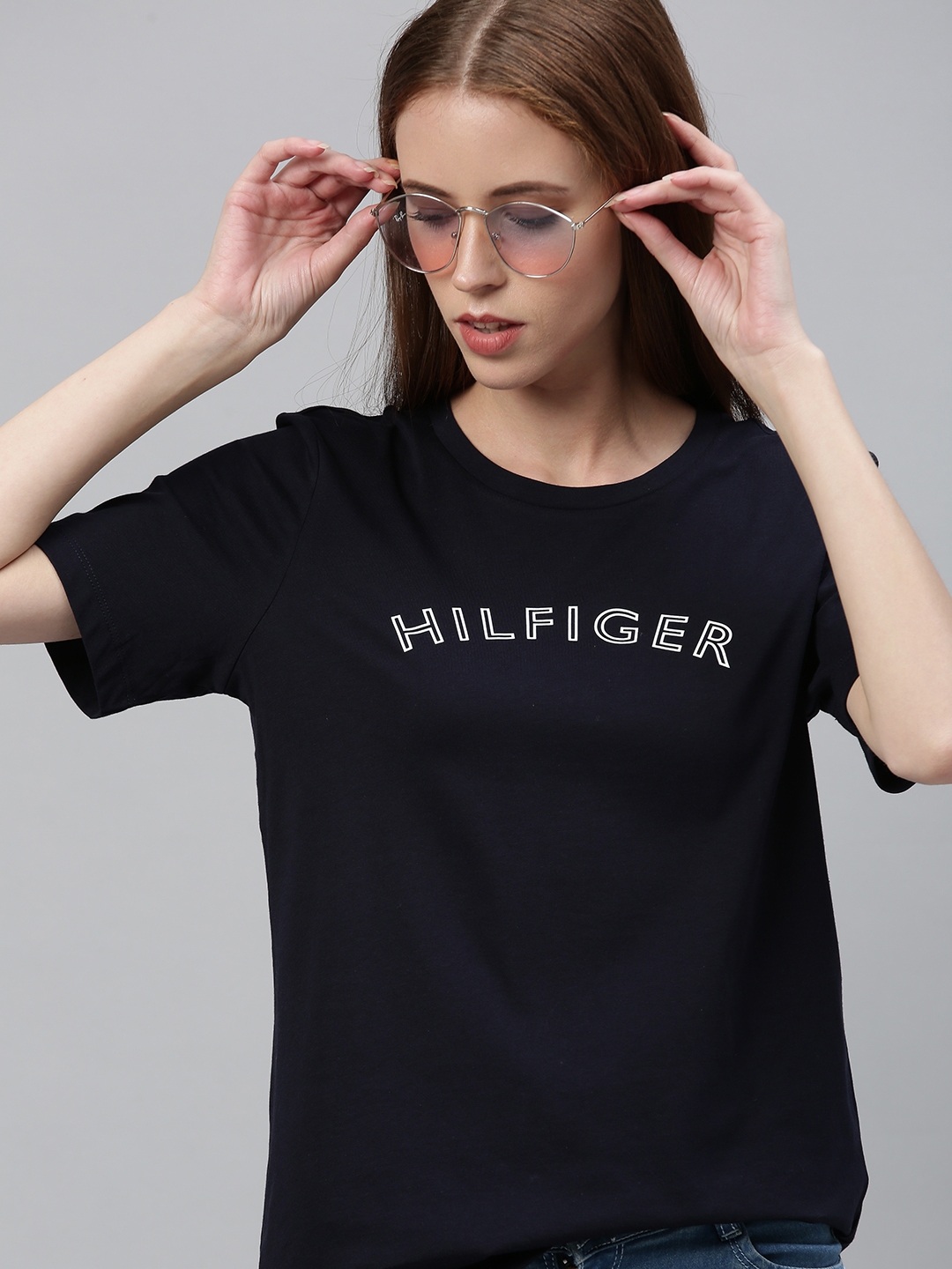 Buy Tommy Hilfiger Women Navy Blue Brand Logo Printed Round Neck Pure