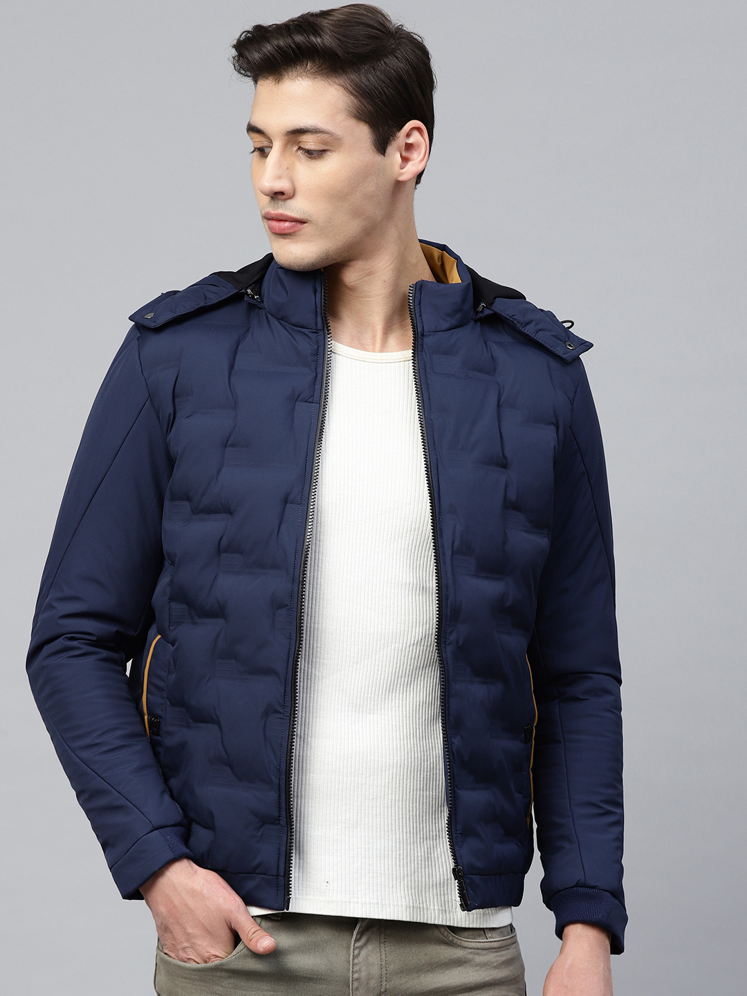 Buy Fort Collins Men Navy Blue Solid Lightweight Hooded Puffer Jacket ...