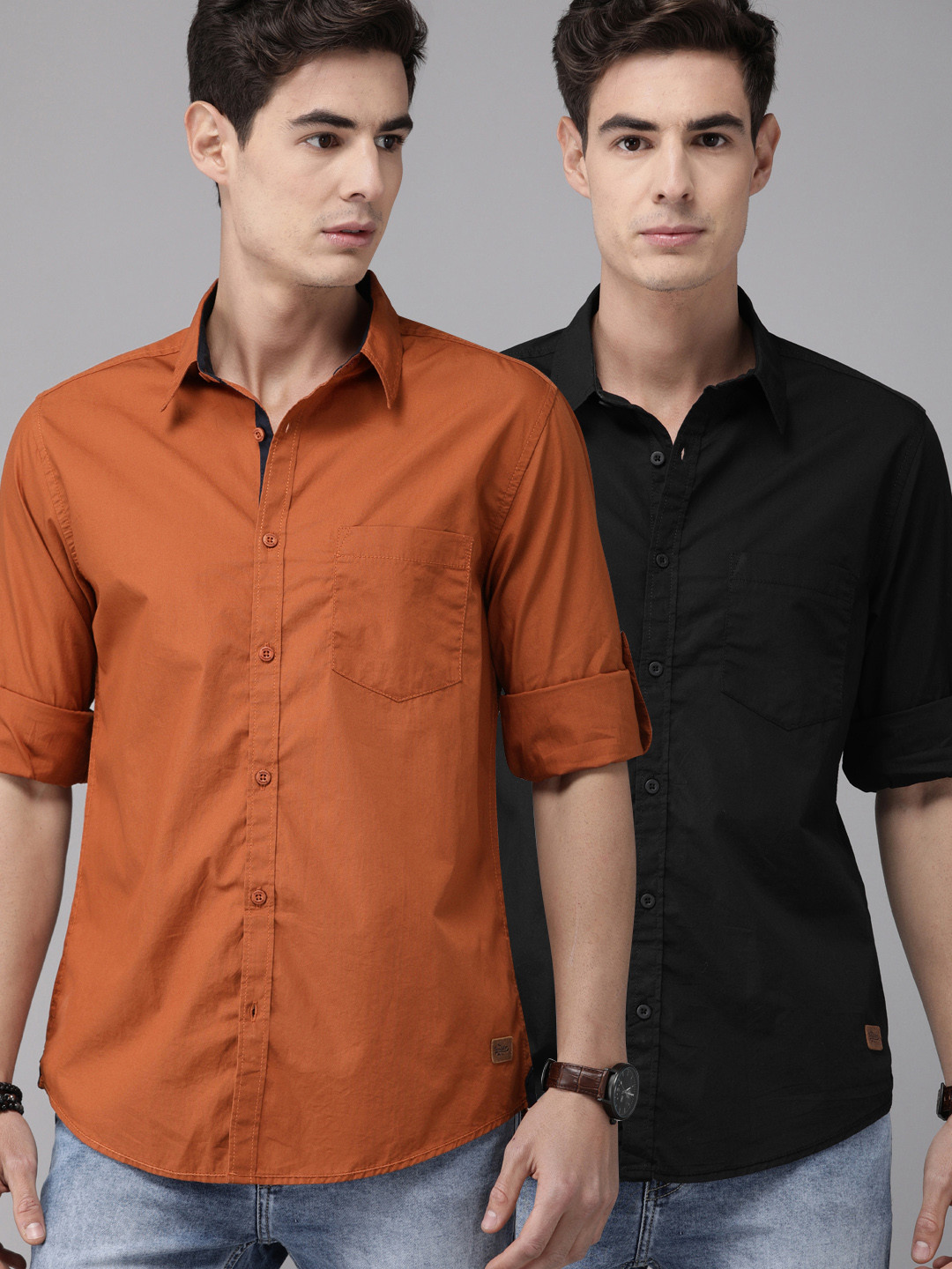 Buy Roadster Men Pack Of 2 Black & Rust Orange Regular Fit Solid Casual ...