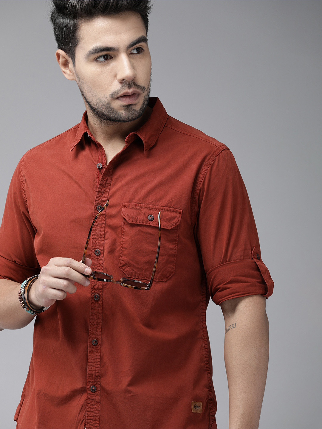 Buy Roadster Men Rust Orange Regular Fit Solid Casual Shirt - Shirts ...