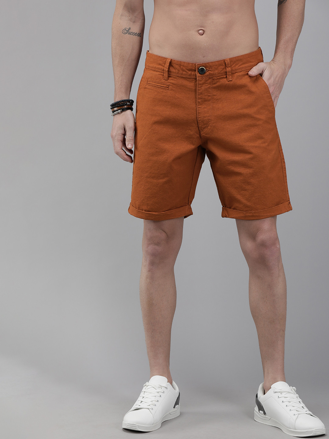 Buy Roadster Men Rust Brown Solid Regular Fit Regular Shorts - Shorts ...