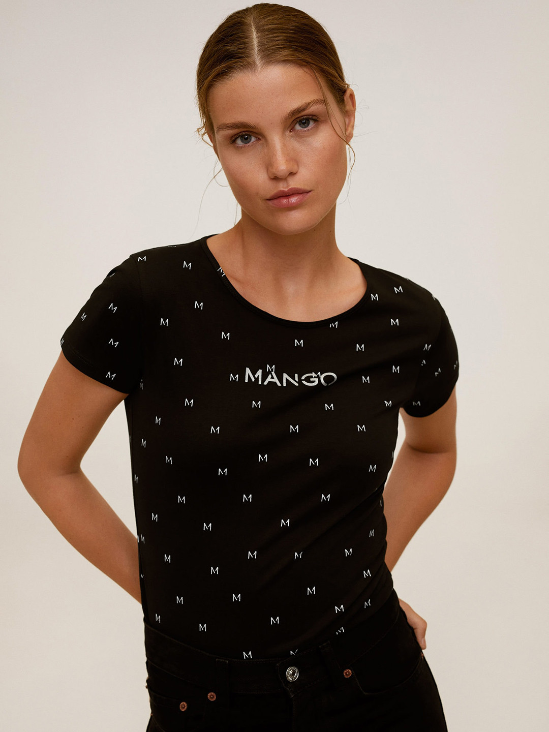 Buy MANGO Women Black Printed Sustainable Organic Cotton Round Neck T ...
