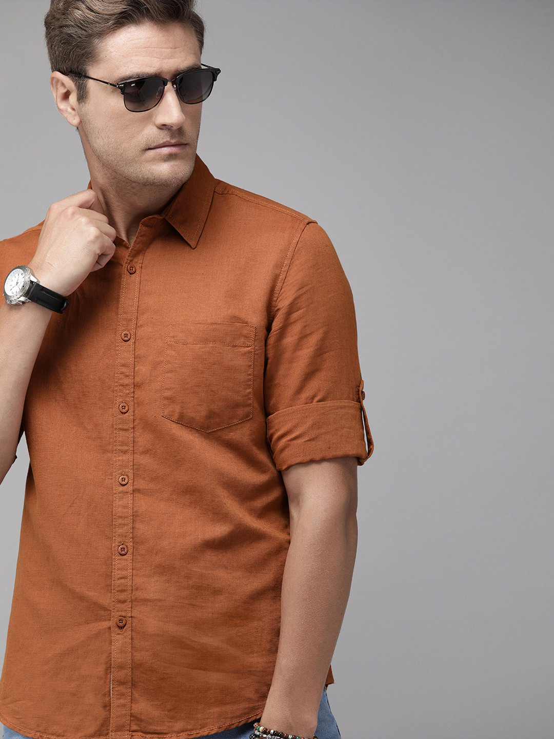 Buy Roadster Men Rust Brown Regular Fit Solid Casual Shirt - Shirts for ...