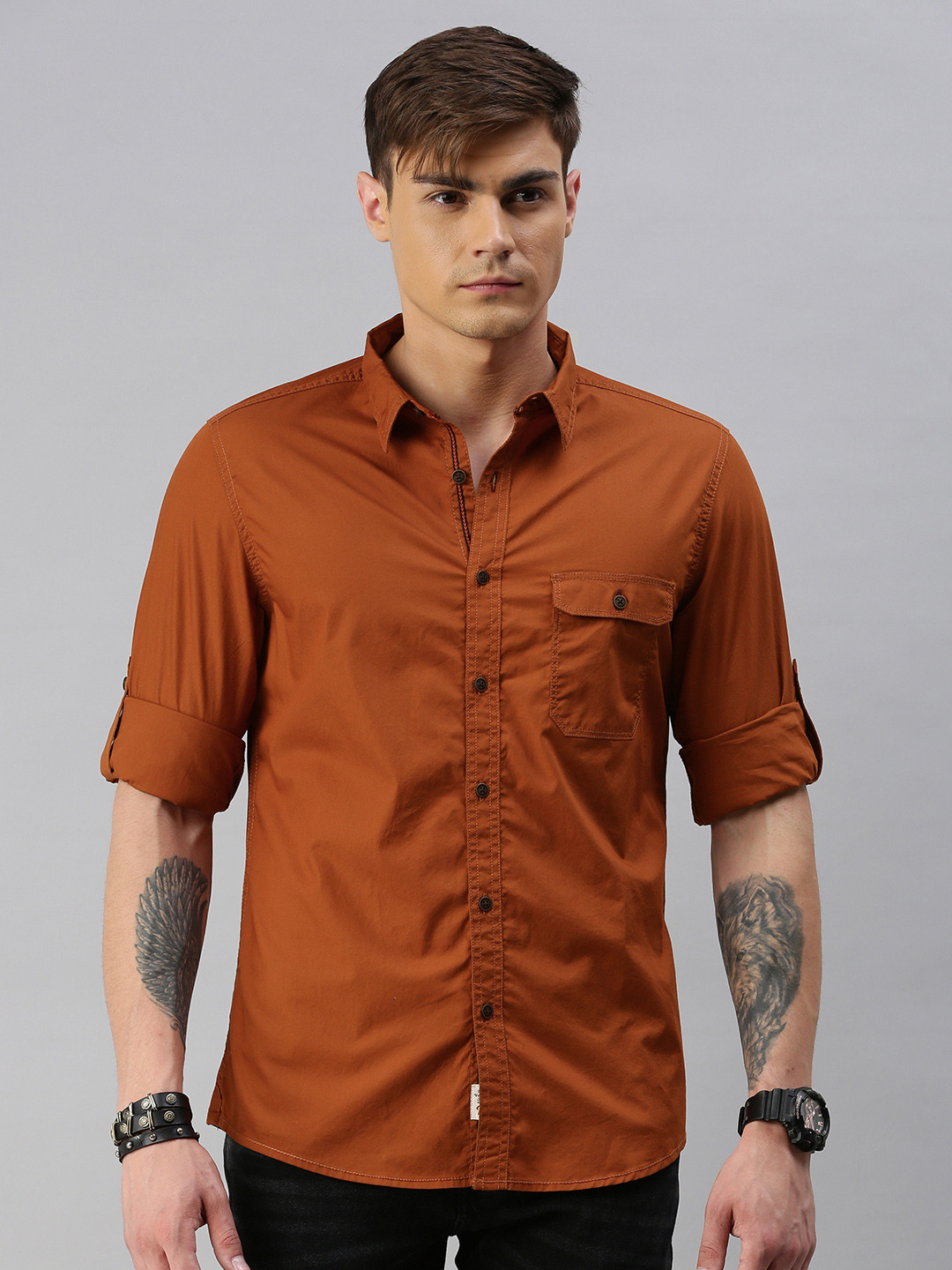 Buy Roadster Men Bronze Toned Regular Fit Solid Casual Shirt - Shirts ...