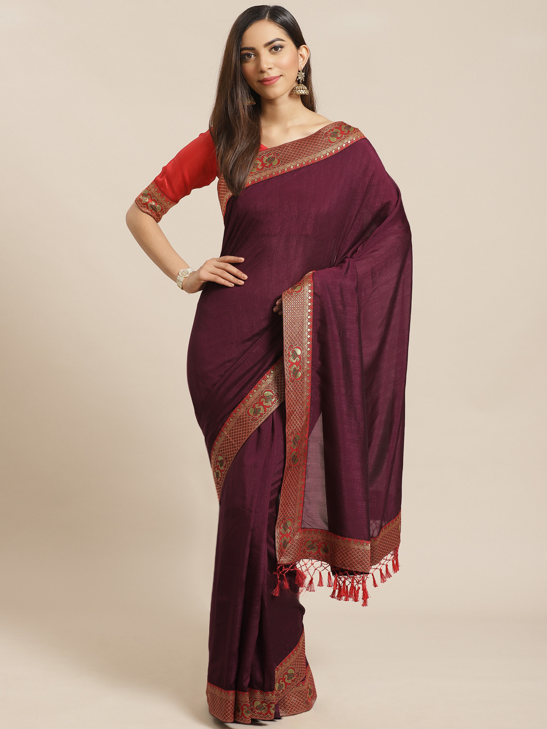 Buy Saree Mall Aubergine Solid Saree - Sarees for Women 12951320 | Myntra