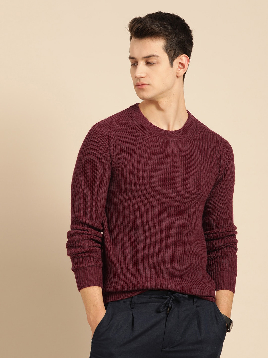 Buy Mr Bowerbird Men Maroon Tailored Fit Solid Pullover - Sweaters for ...