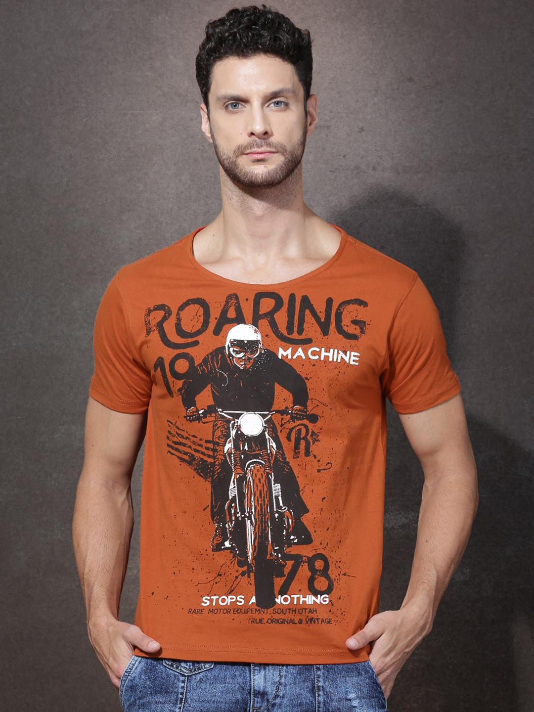 Buy Roadster Men Rust Orange Printed Pure Cotton T Shirt - Tshirts for ...