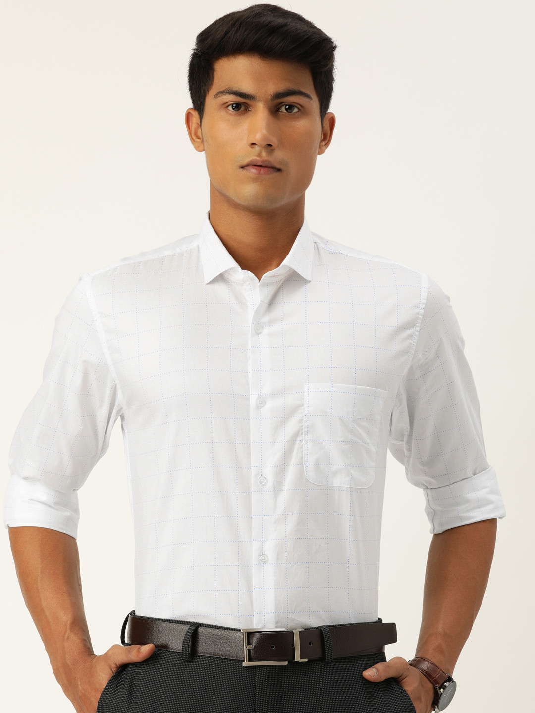 Buy Peter England Men White & Blue Neo Slim Fit Checked Formal Shirt ...