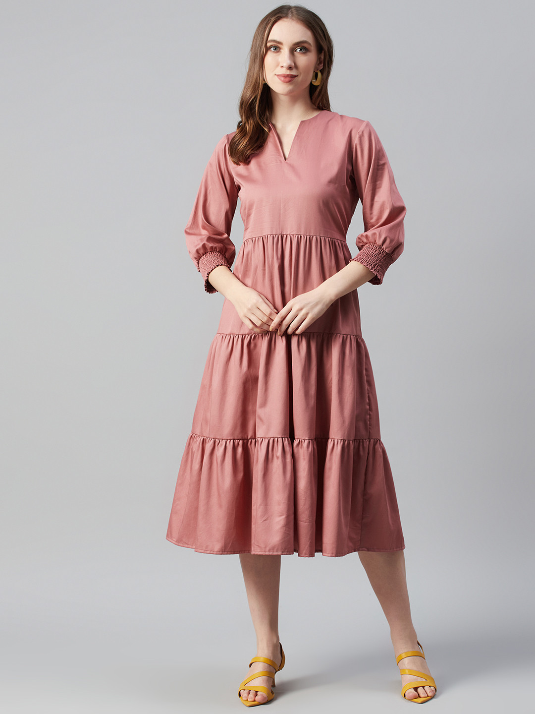 Buy FEMMELLA Women Dusty Pink Solid Tiered A Line Dress - Dresses for ...