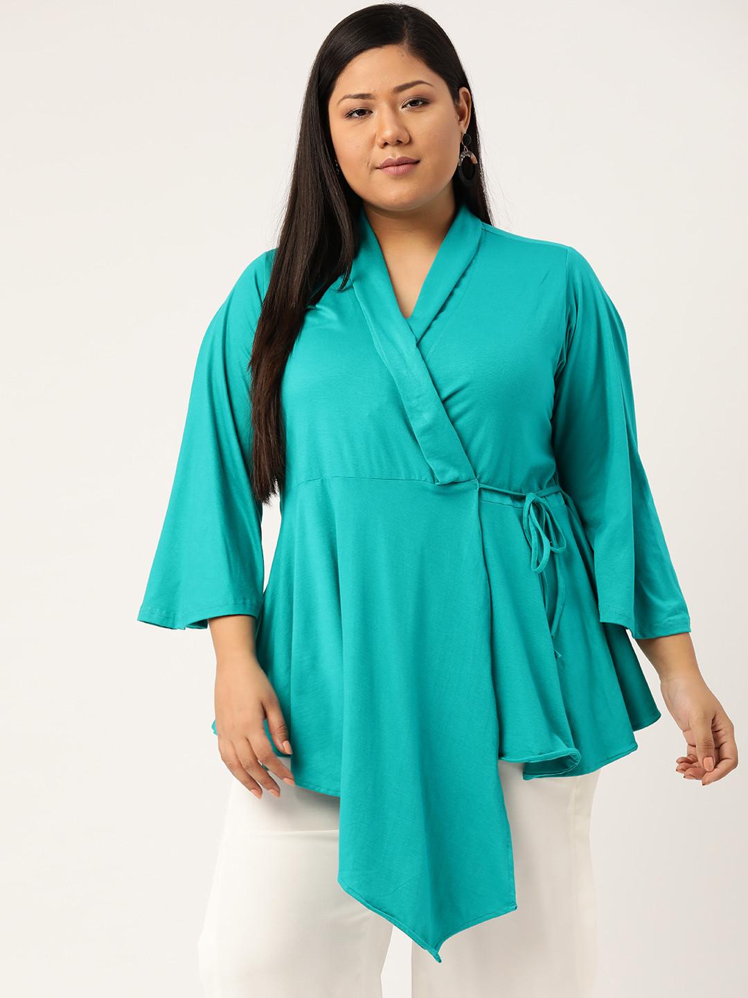 Buy Revolution Women Plus Size Turquoise Blue Solid Asymmetric Wrap Top ...