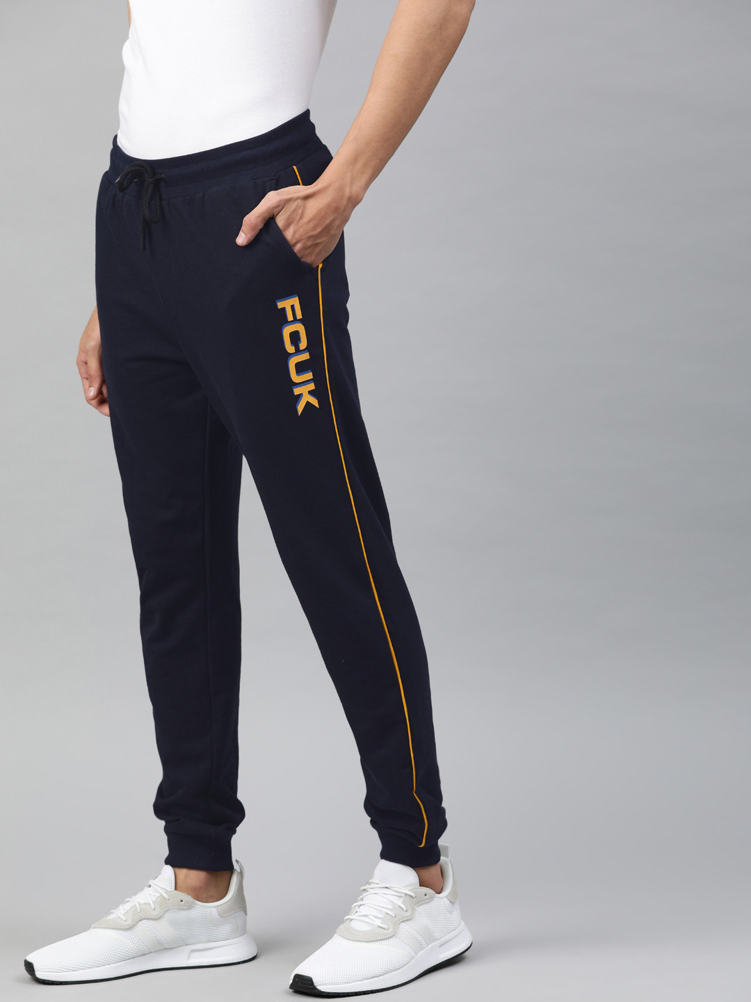 Buy French Connection Men Navy Blue Solid Slim Fit Joggers With Printed ...