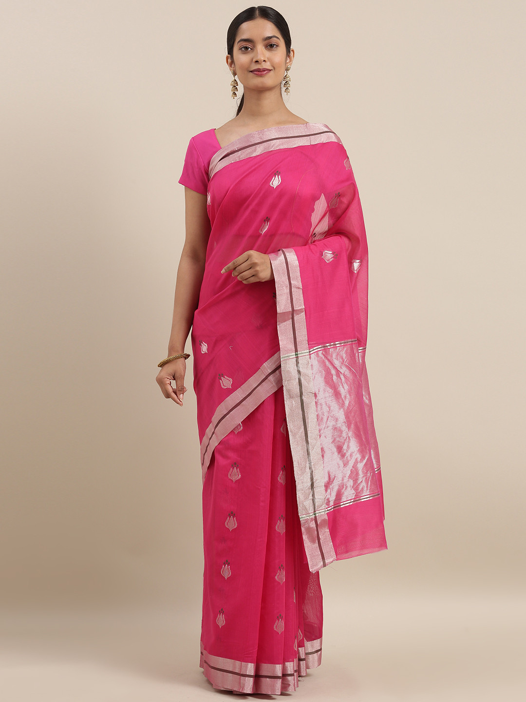 Buy Taneira Pink & Golden Pure Silk Woven Design Maheshwari Saree ...