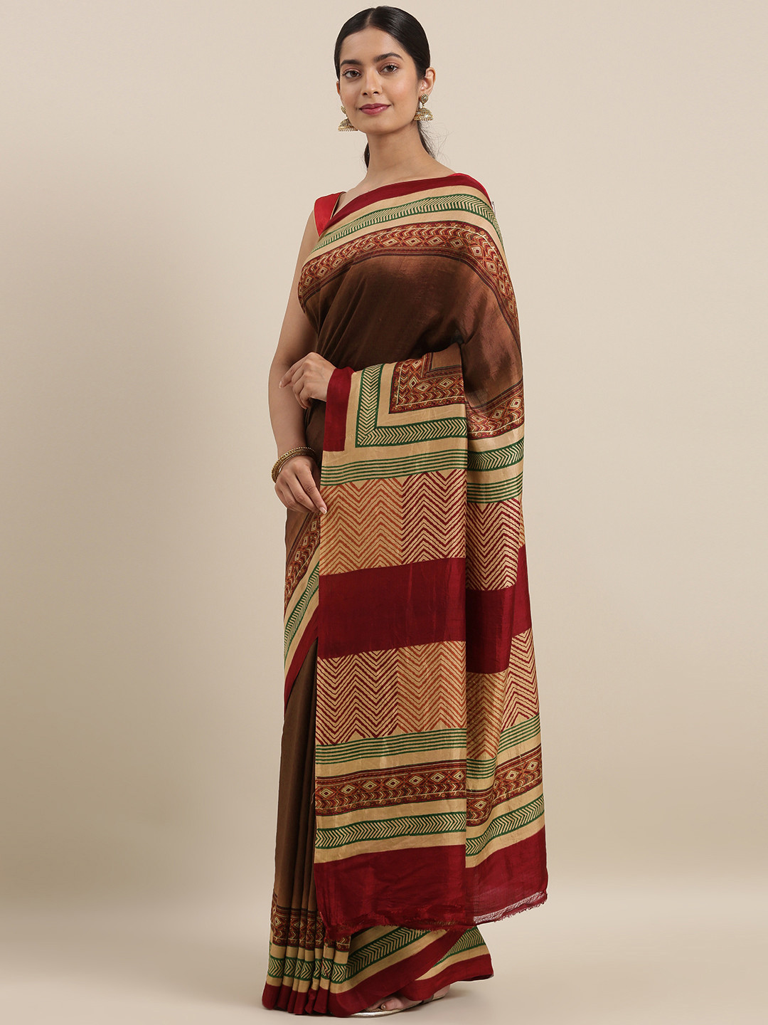 Buy Taneira Brown Pure Silk Solid Murshidabad Silk Saree - Sarees for ...