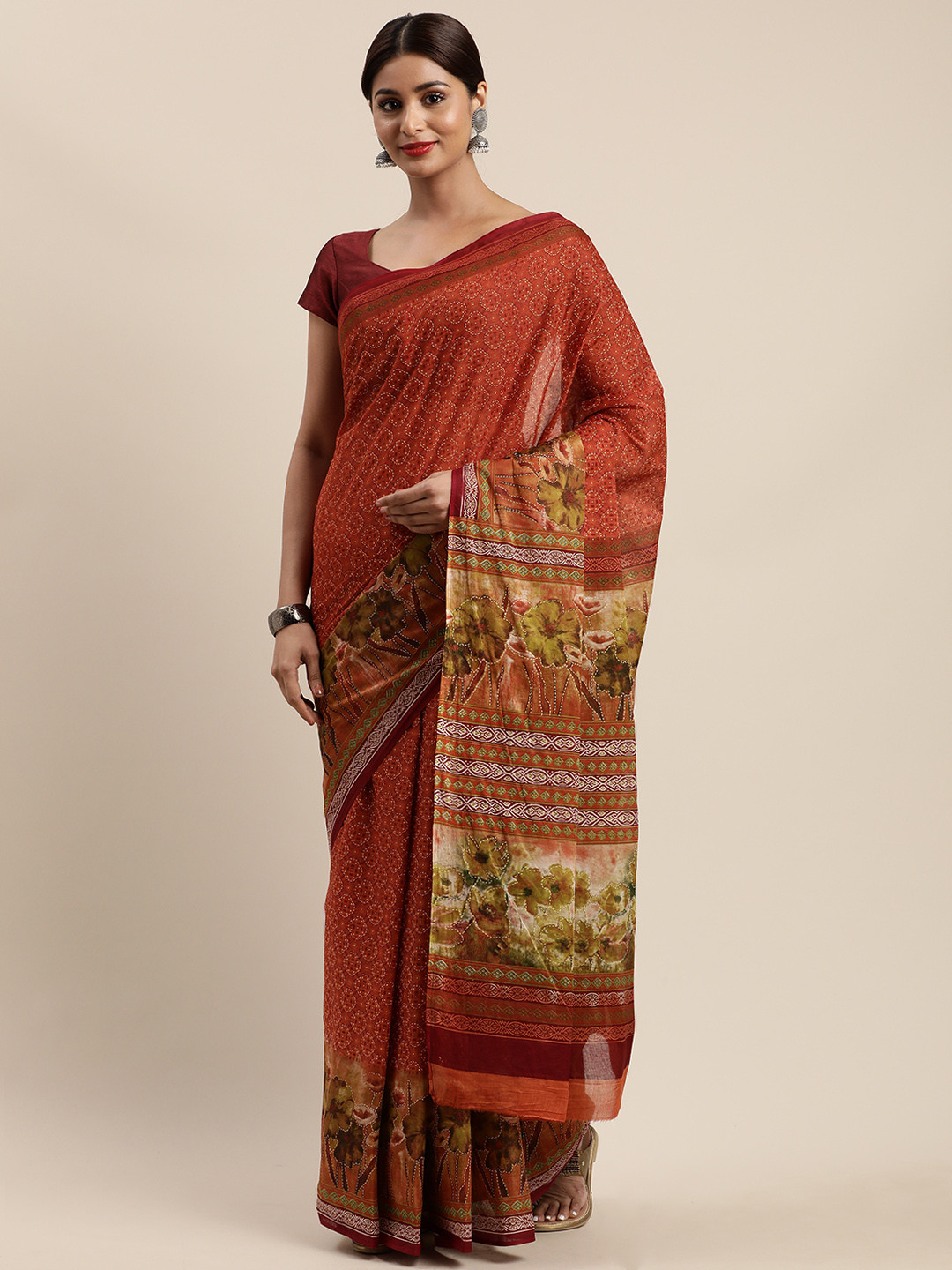 Buy Mitera Rust Red & Beige Cotton Blend Printed Saree - Sarees for ...