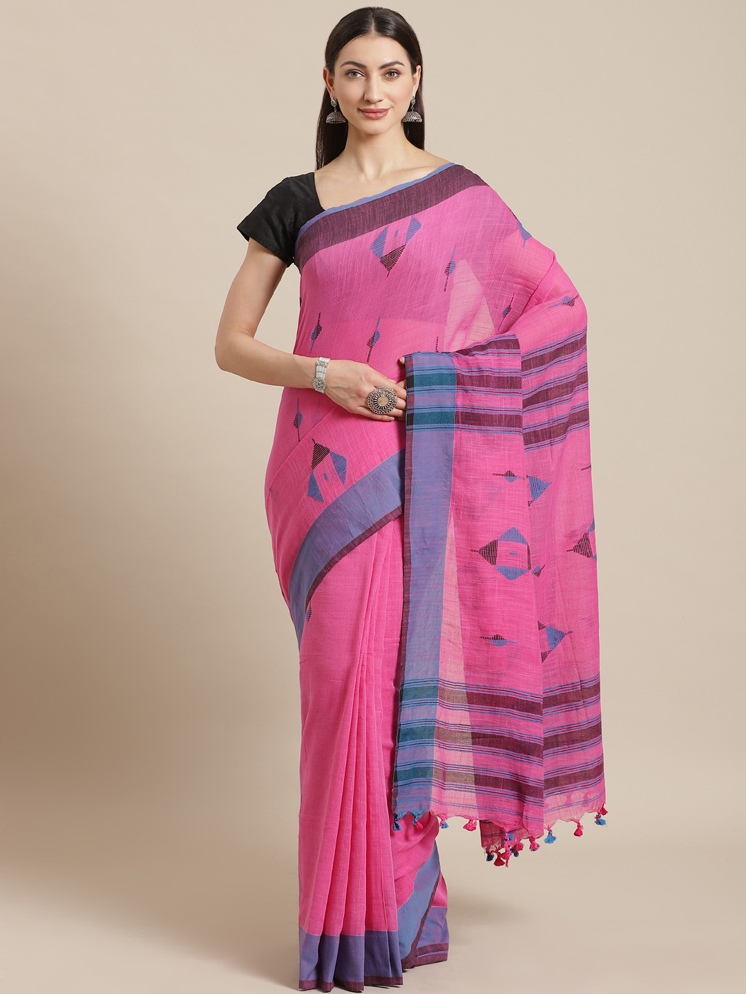 Buy Kalakari India Pink & Blue Pure Cotton Handloom Woven Design ...