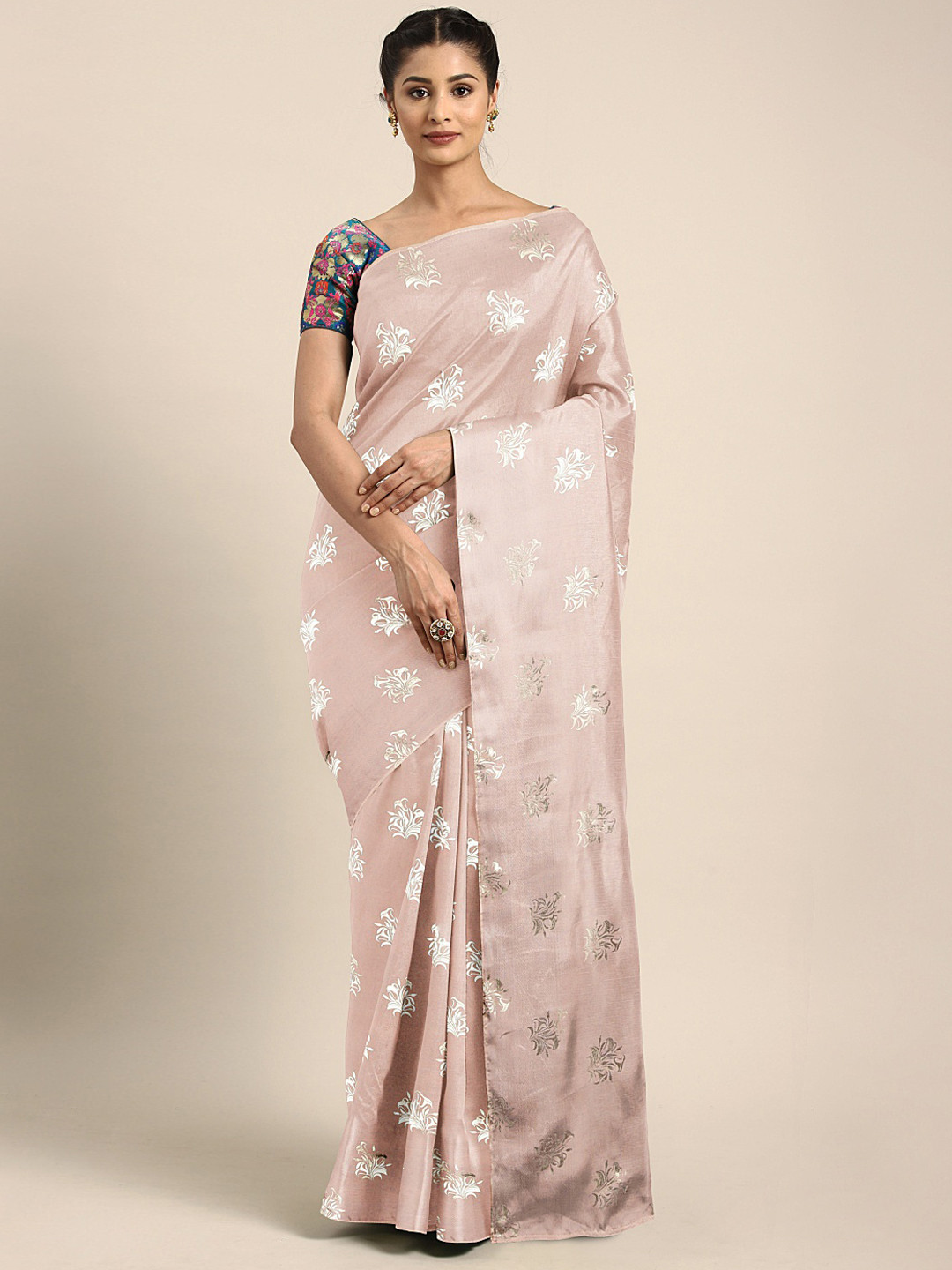 Buy Neerus Peach Coloured & Off White Poly Crepe Floral Printed Saree - Sarees for Women ...