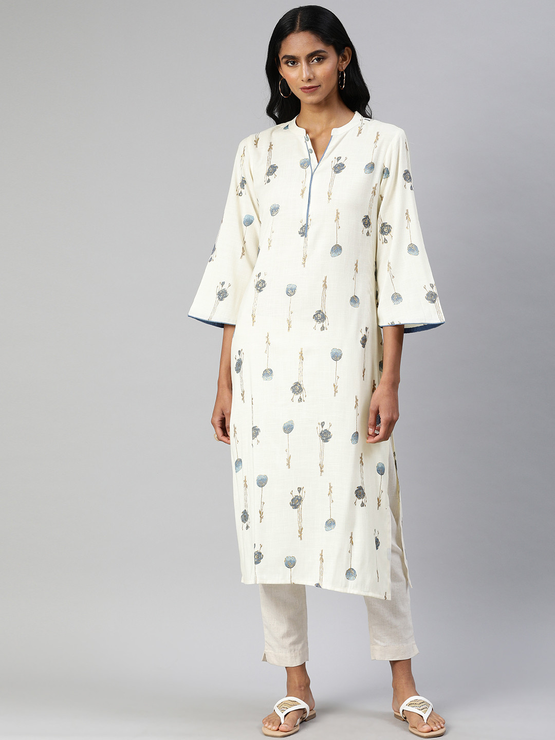Buy AHIKA Women Off White & Blue Floral Printed Straight Kurta - Kurtas ...