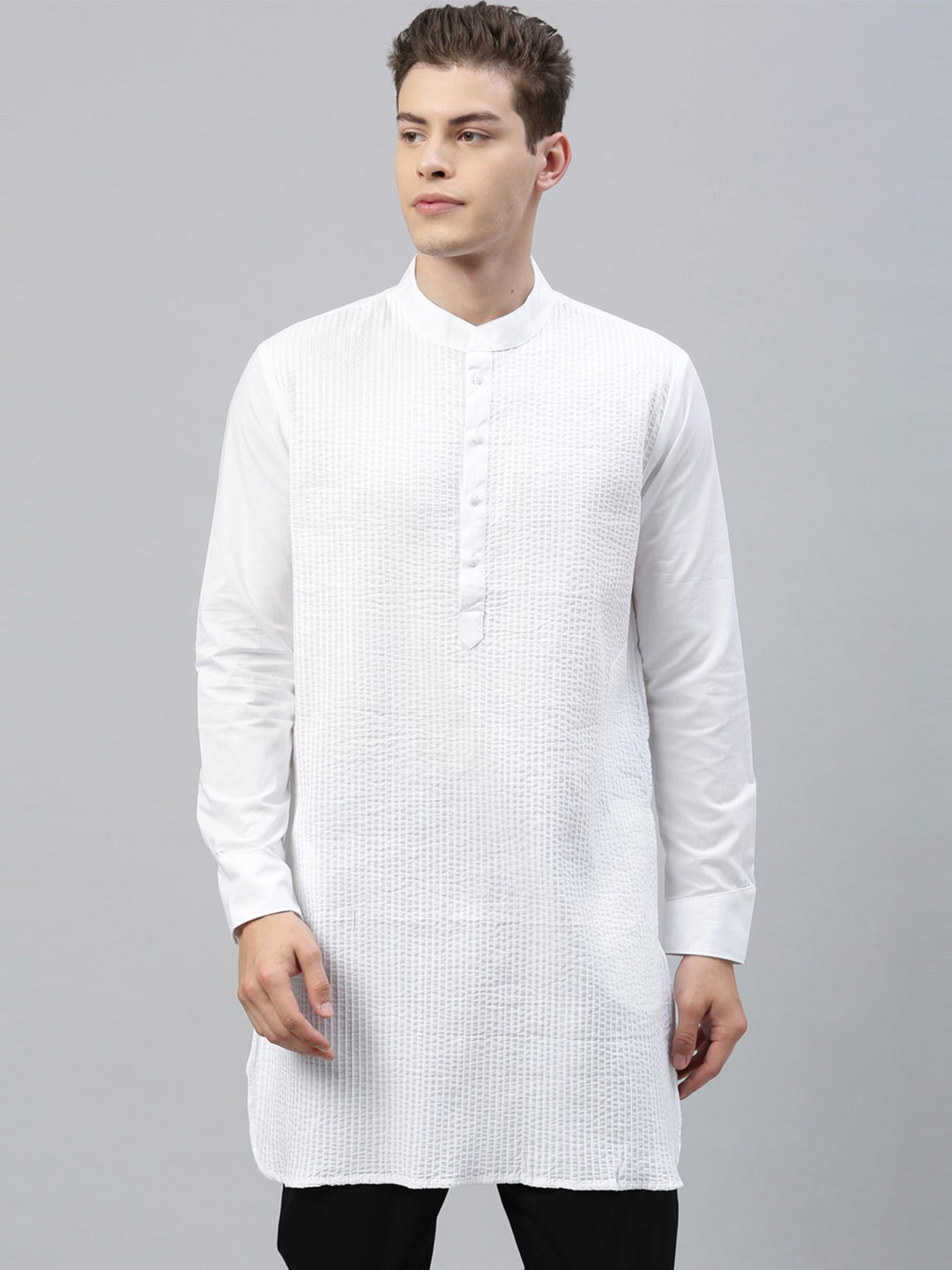 Buy RARE RABBIT Men Pintuck Slim Fit Mandarin Woven Design Kurta ...