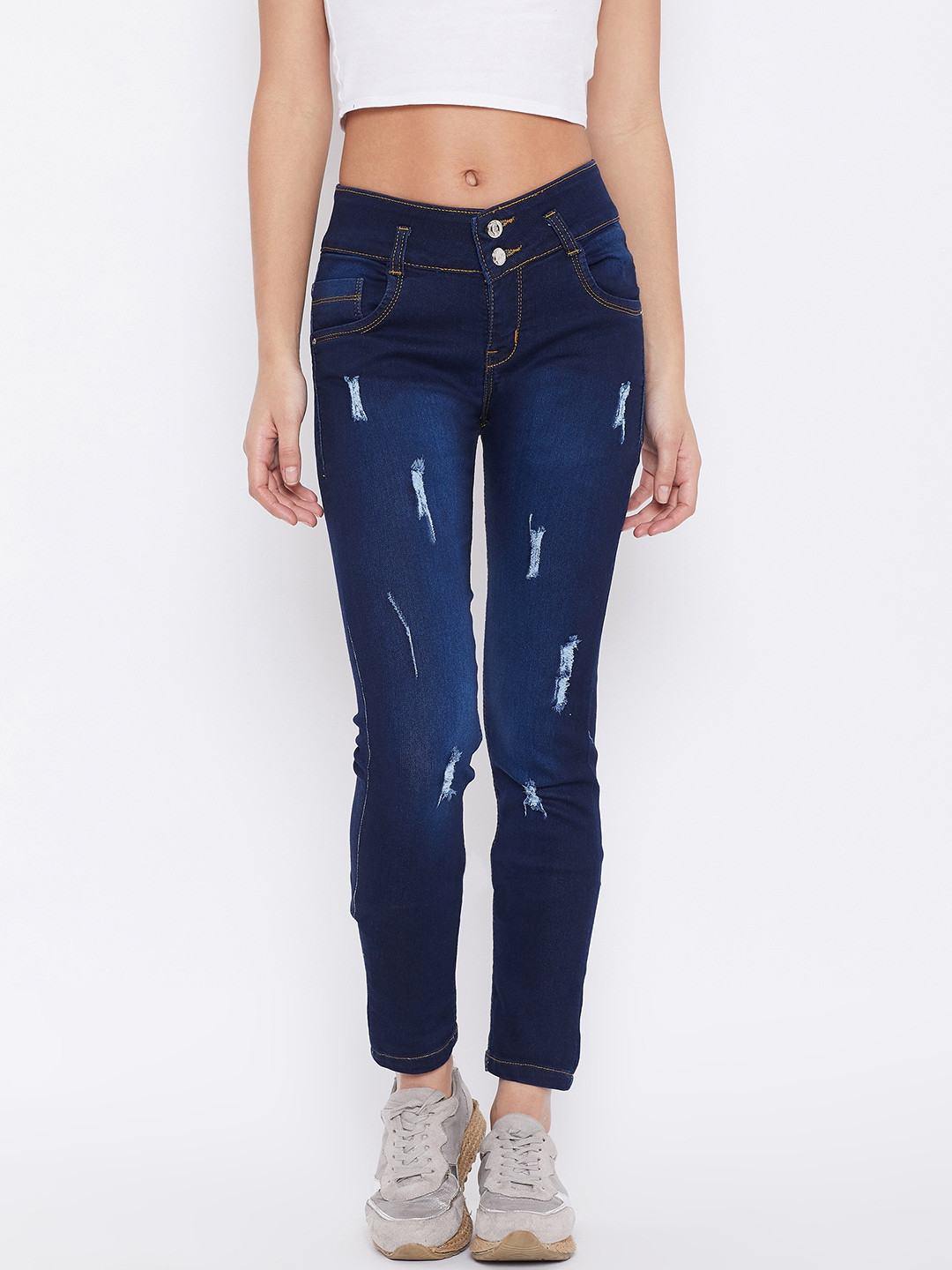 Buy Purple Feather Women Blue Skinny Fit High Rise Mildly Distressed ...