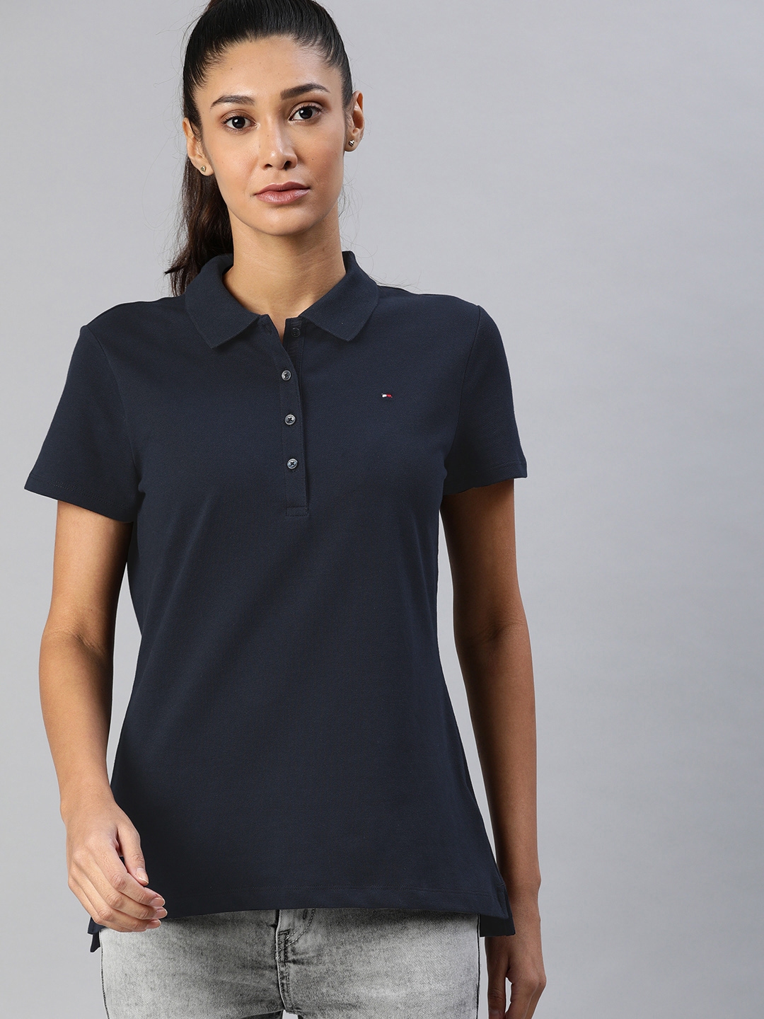 Buy Tommy Hilfiger Women Navy Blue Solid Polo Collar T Shirt Tshirts