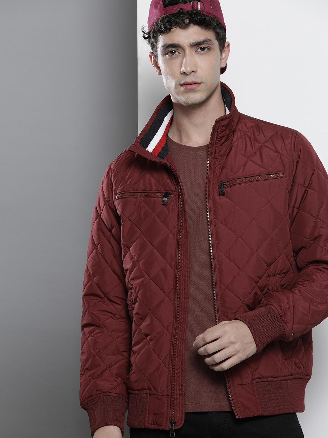 Buy Tommy Hilfiger Men Maroon Rib Quilted Bomber Jacket - Jackets for ...