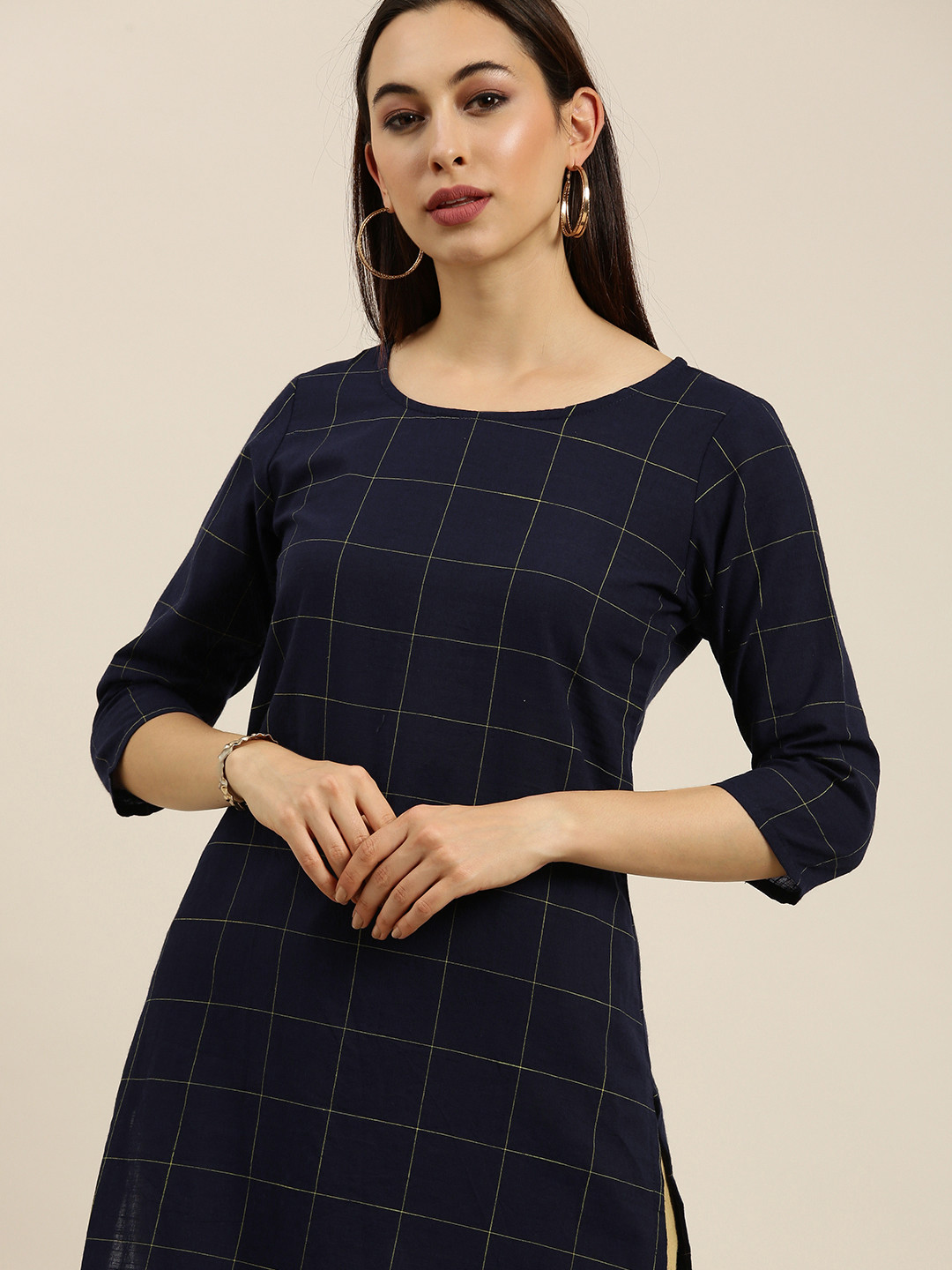 Buy Vishudh Women Navy Blue & Yellow Checked Straight Kurta - Kurtas ...