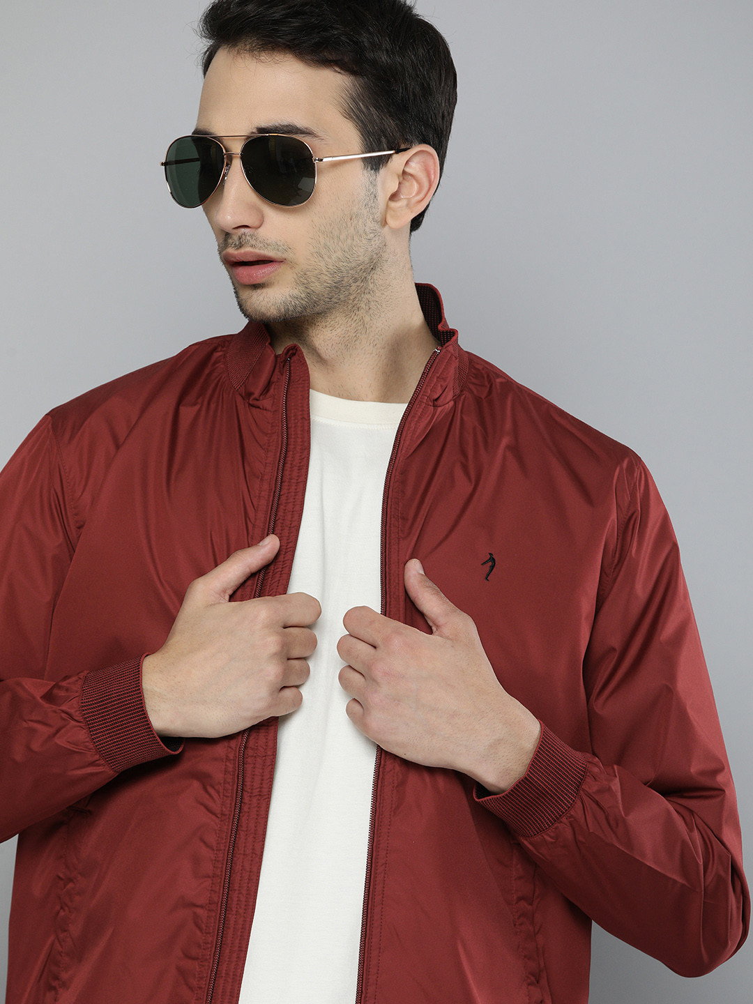 Buy Indian Terrain Men Red Solid Windcheater Bomber Jacket - Jackets ...