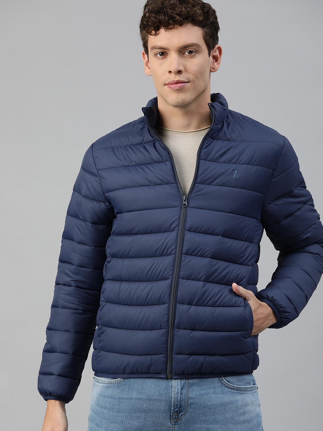 Buy Indian Terrain Men Navy Blue Solid Insulator Padded Jacket ...