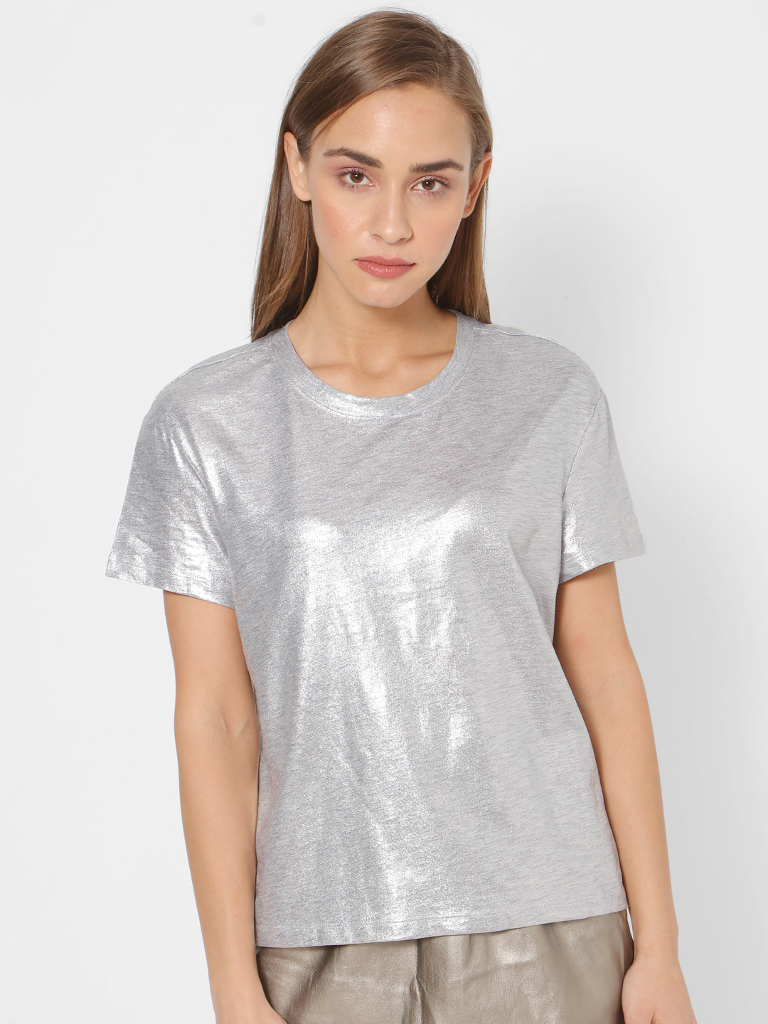 Buy ONLY Women Silver Toned Solid Round Neck Drop Shoulder T Shirt ...