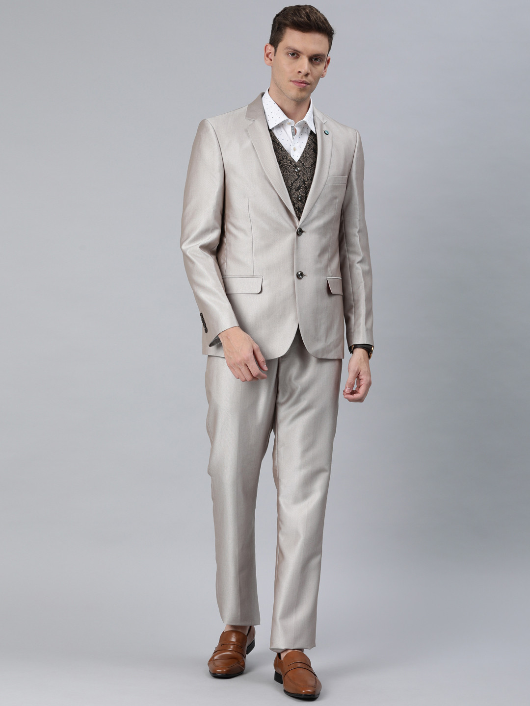 Buy Arrow Men Beige Body Tailored Fit Self Design 3 Piece Party Suit ...