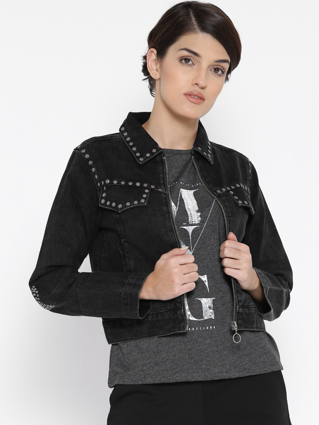 Buy MANGO Black Studded Denim Jacket - Jackets for Women 1309778 | Myntra